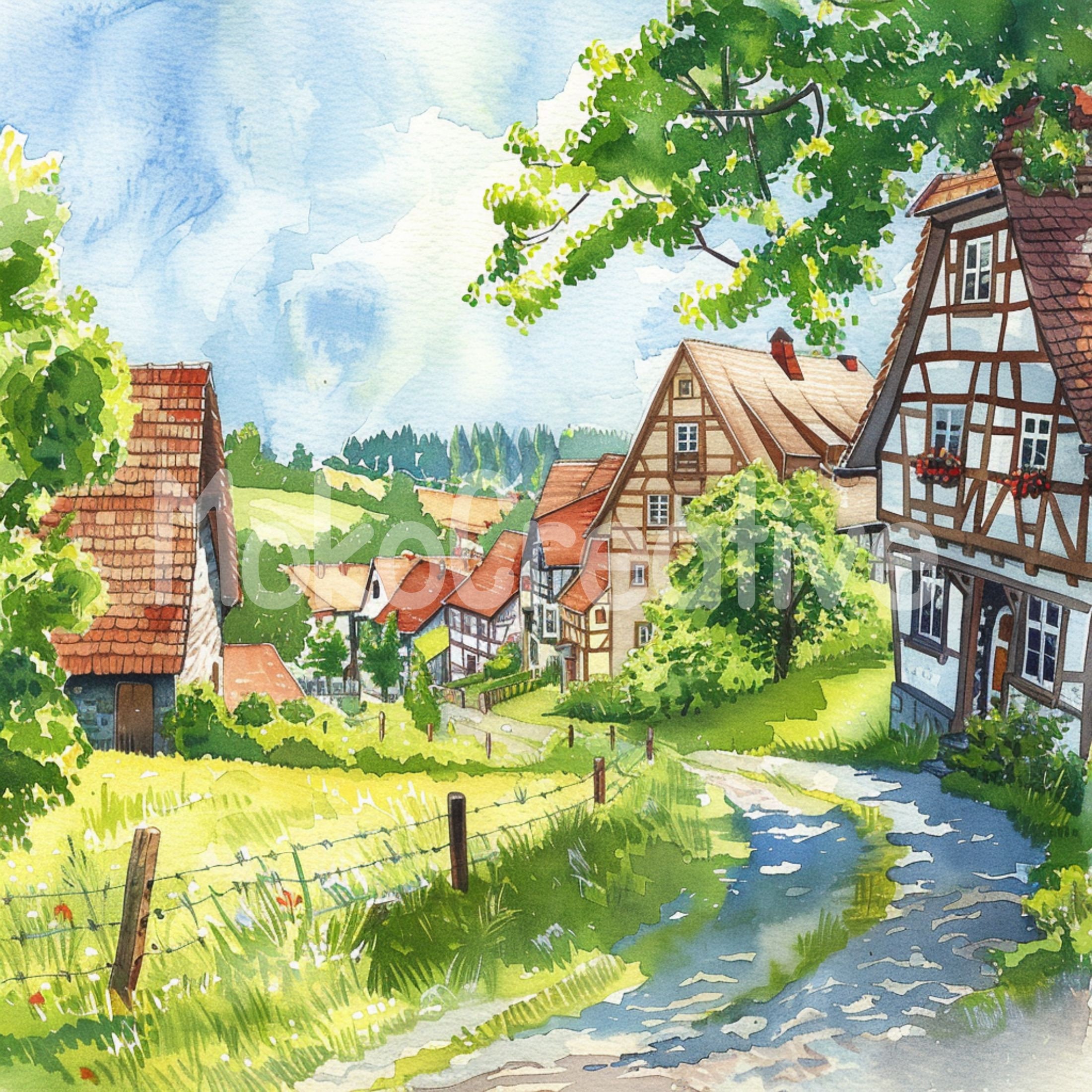 15 High Quality Summer Village Designs JPG, Watercolor Small Town, Wall ...