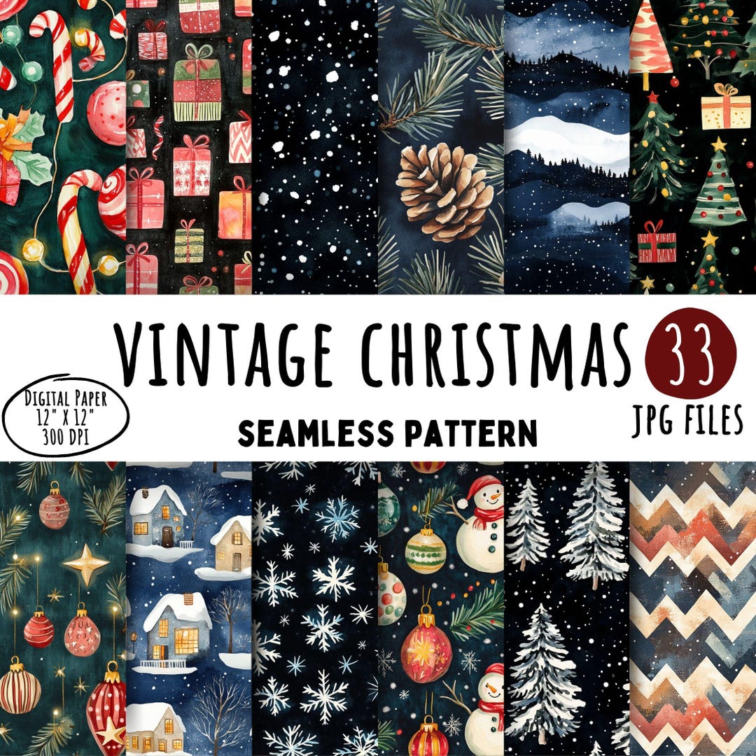 33 Vintage Christmas Digital Papers, Watercolor Retro Winter Seamless ...