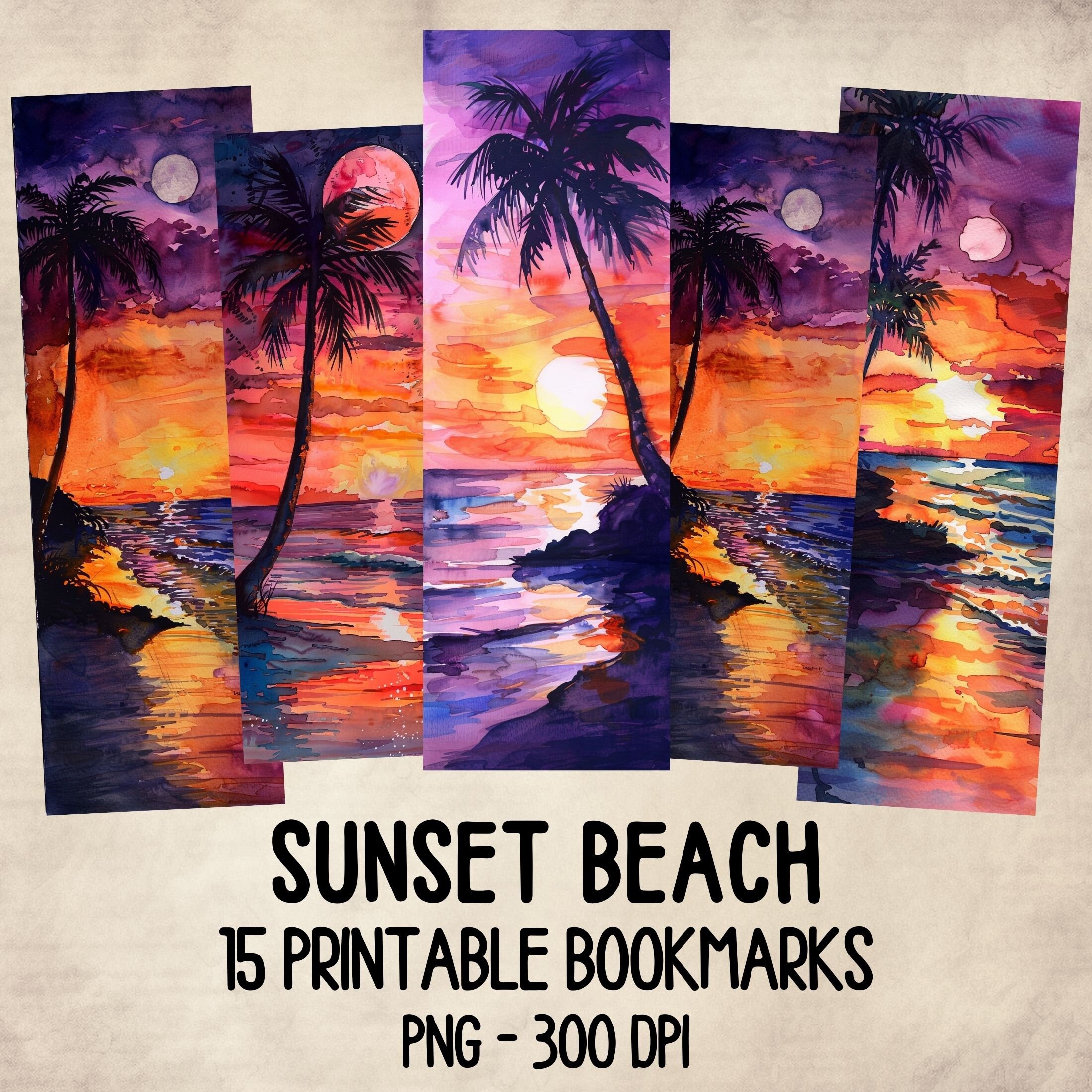 15 Beach Sunset Bookmark Printables, High Quality Watercolor Tropical ...