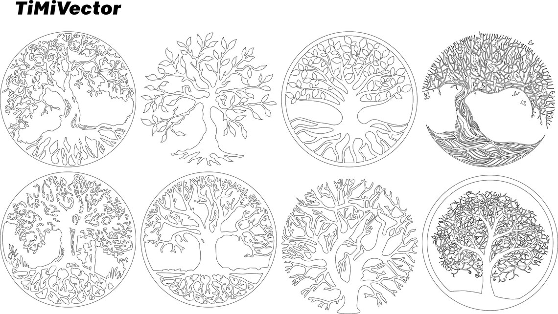 Tree of Life Laser Cut Wall Art Set, 8 Round Tree Designs, Digital ...