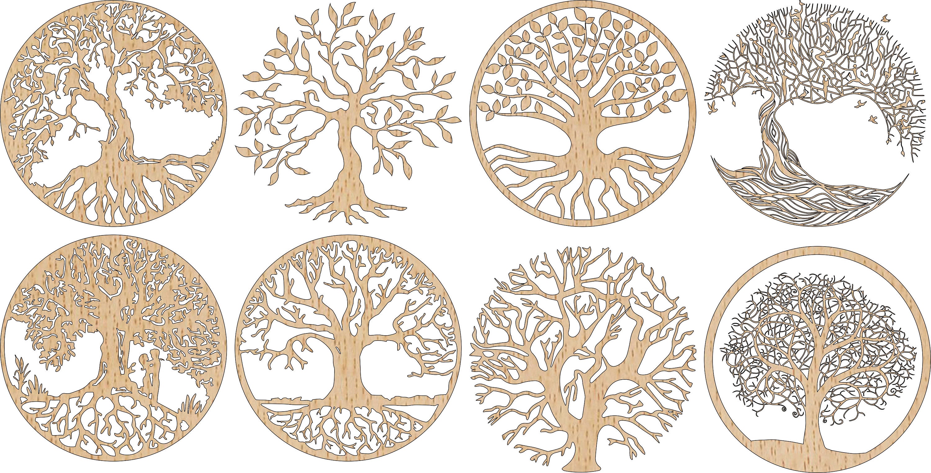 Tree of Life Laser Cut Wall Art Set, 8 Round Tree Designs, Digital ...