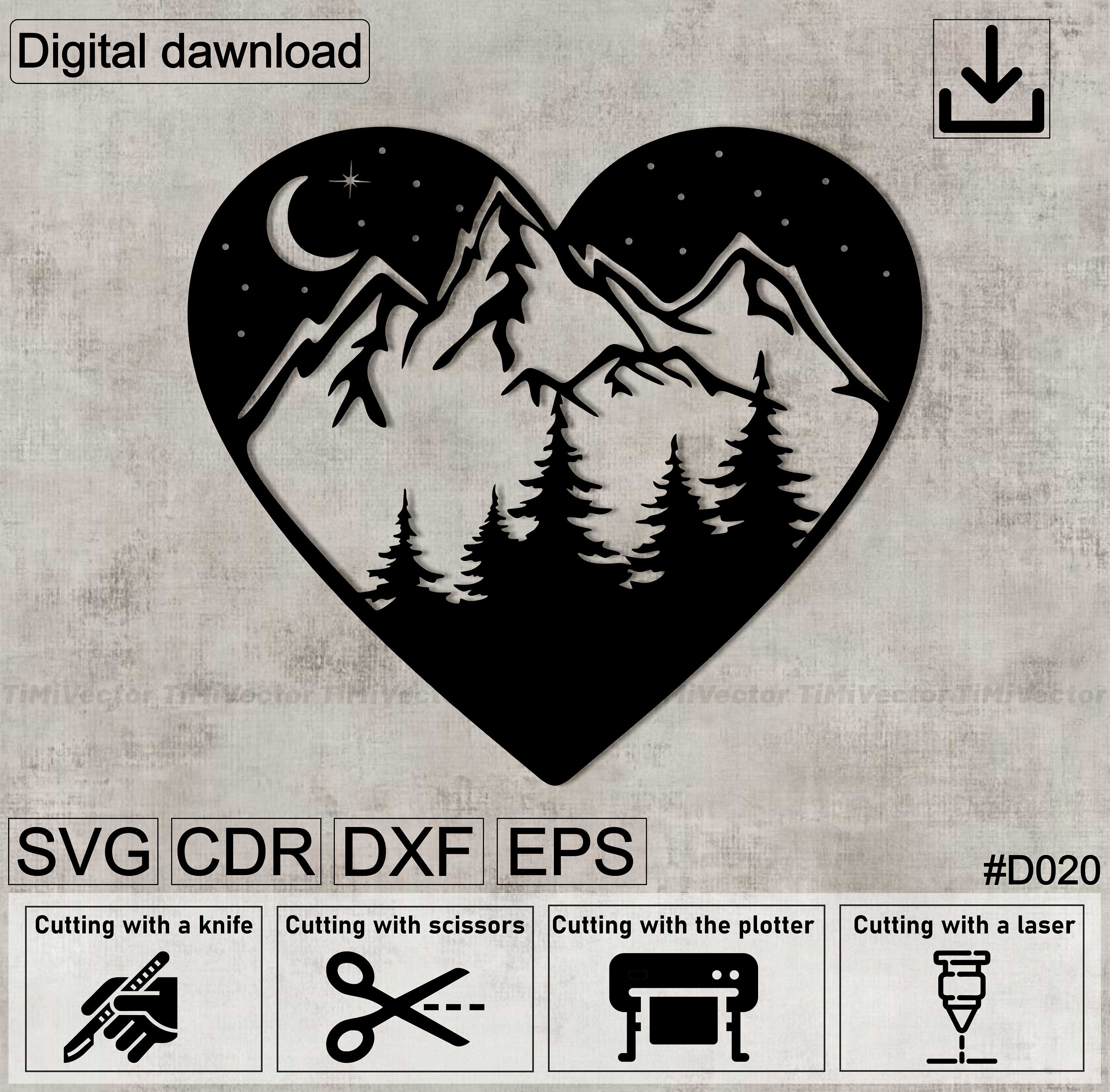 Mountain Heart Laser Cut Svg File, Forest Heart Cnc Pattern, Wood Decor ...