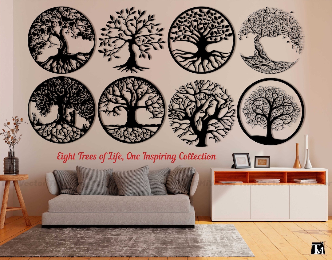 Tree of Life Laser Cut Wall Art Set, 8 Round Tree Designs, Digital ...