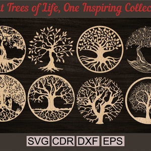 Tree of Life Laser Cut Wall Art Set, 8 Round Tree Designs, Digital ...