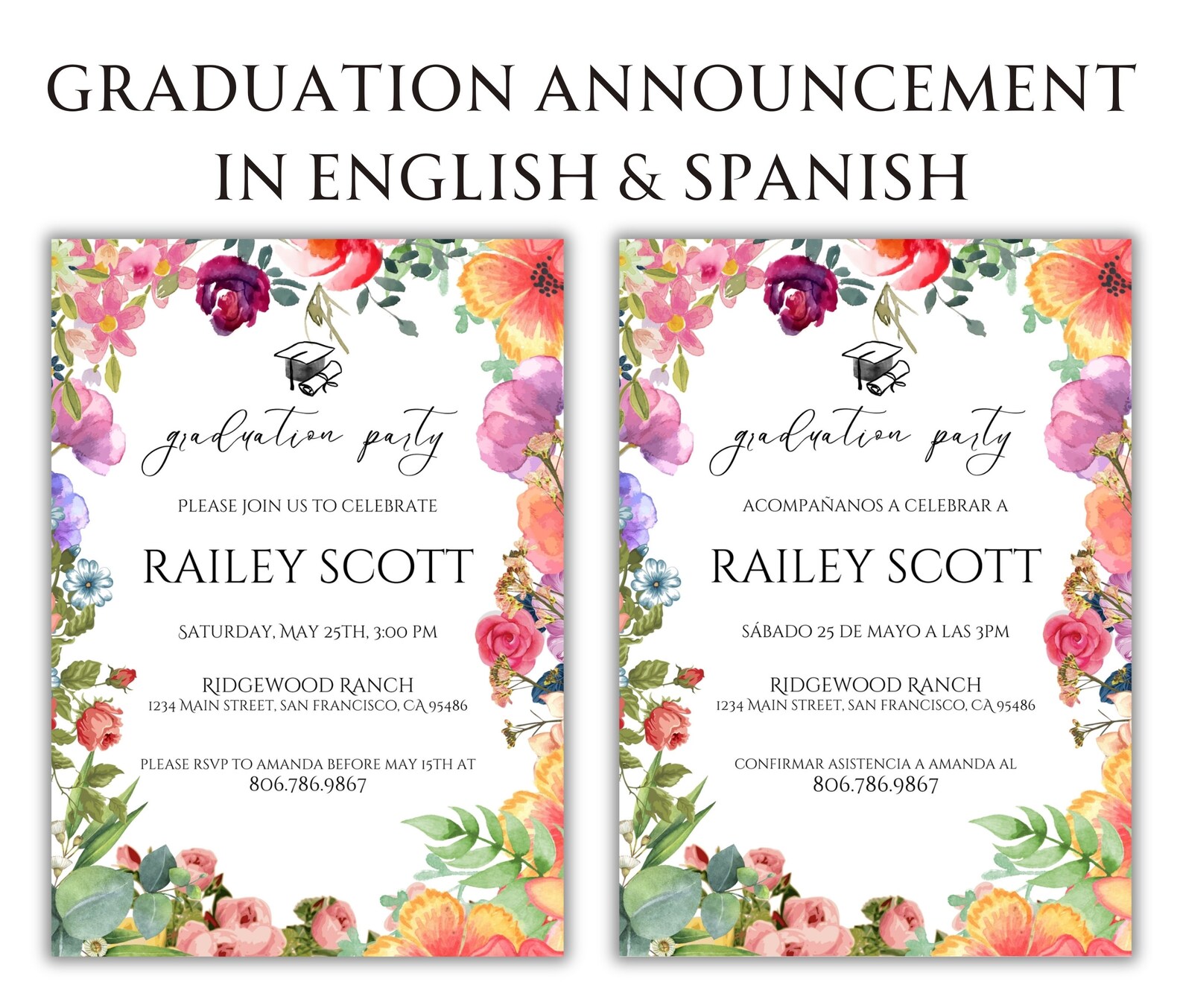 Wildflower Graduation Party Invitation Template 5x7 |2024 English ...