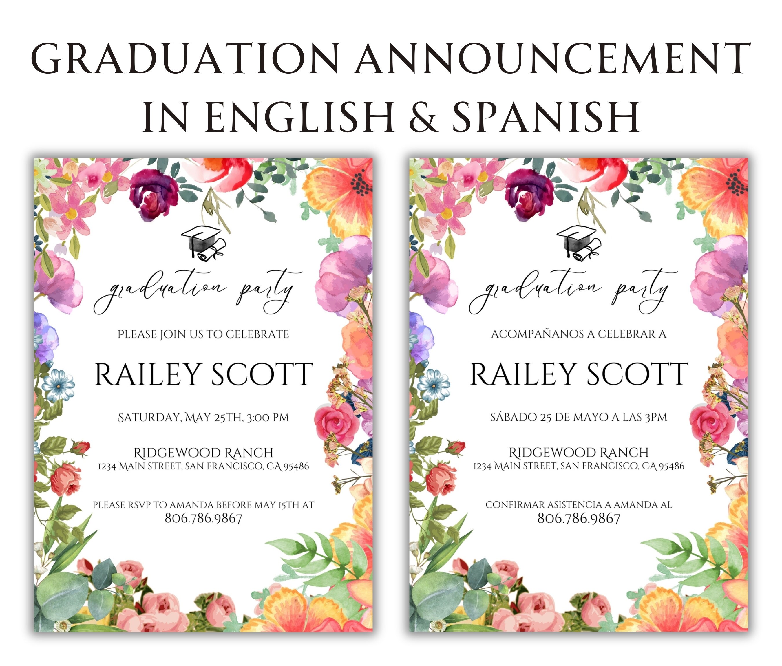 Wildflower Graduation Party Invitation Template 5x7 |2024 English ...