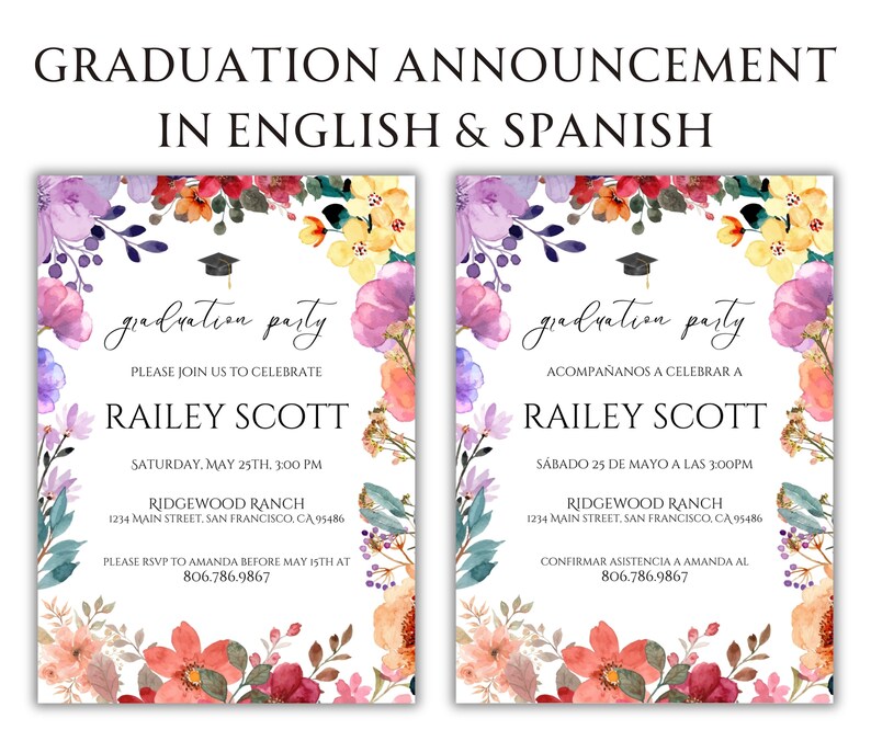 Wildflower Graduation Party Invitation Template 5x7 English Spanish I ...