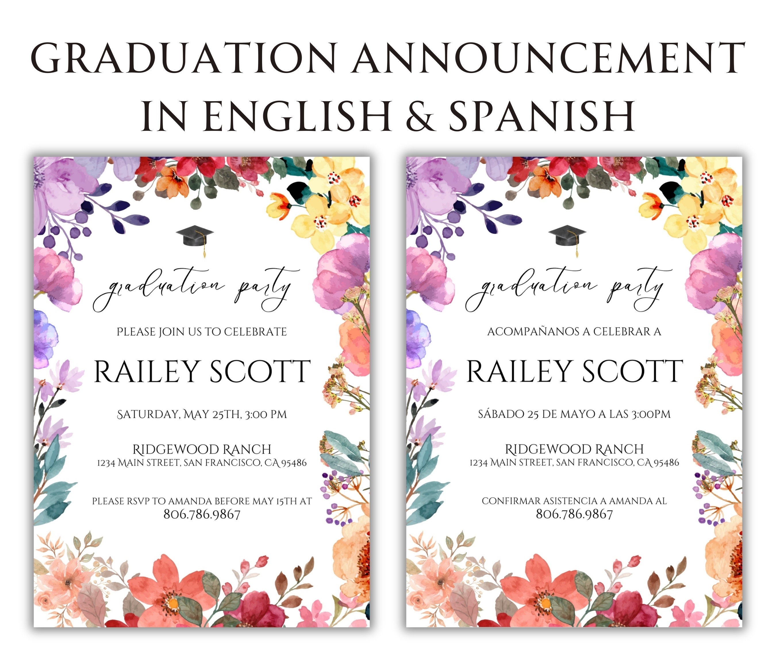 Wildflower Graduation Party Invitation Template 5x7 English Spanish I ...
