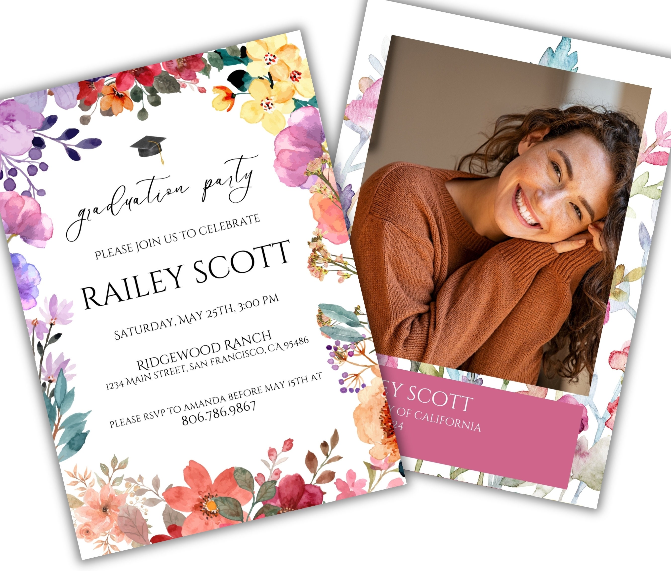 Wildflower Graduation Party Invitation Template 5x7 English Spanish I ...