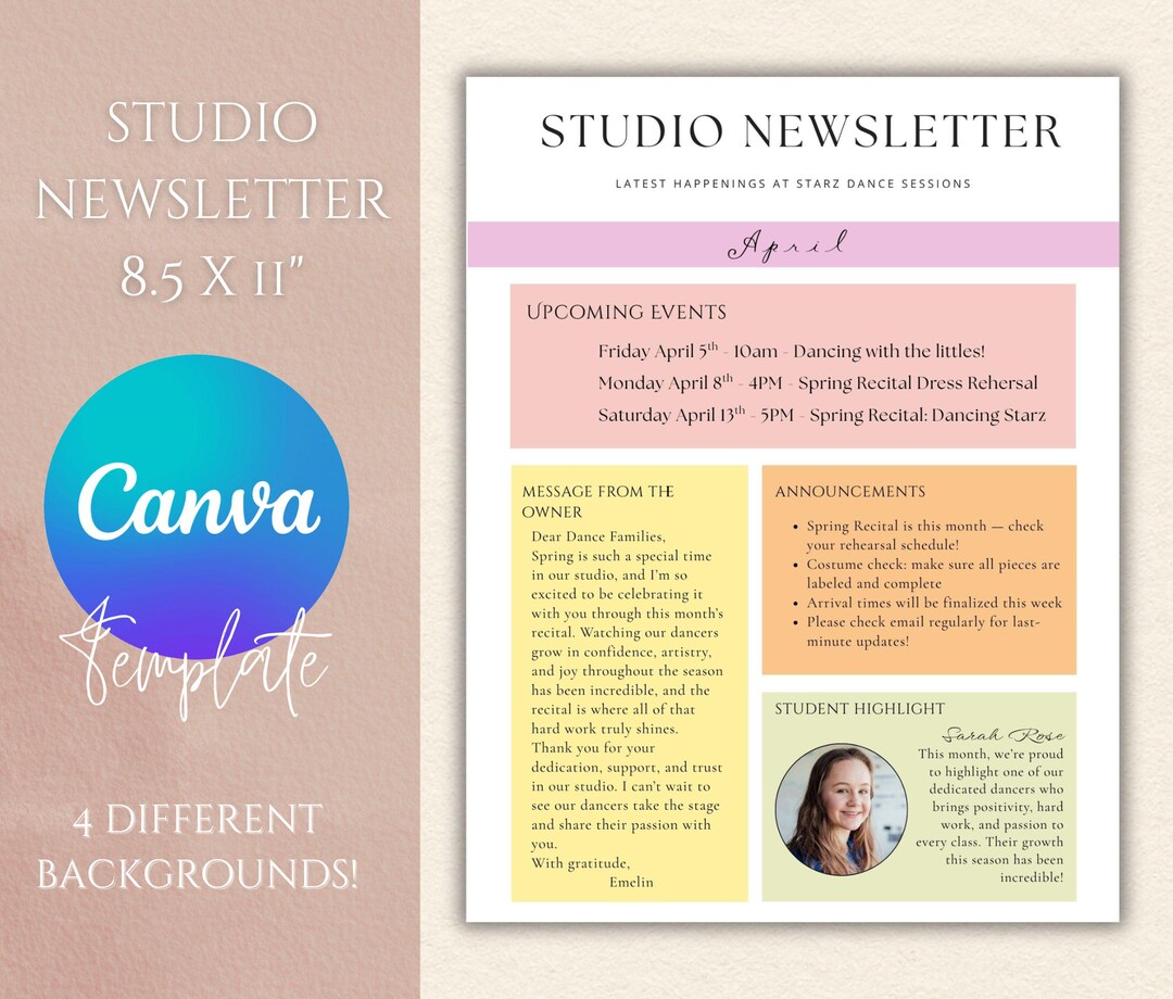 Dance Studio Newsletter Template Canva Editable | Dance School ...