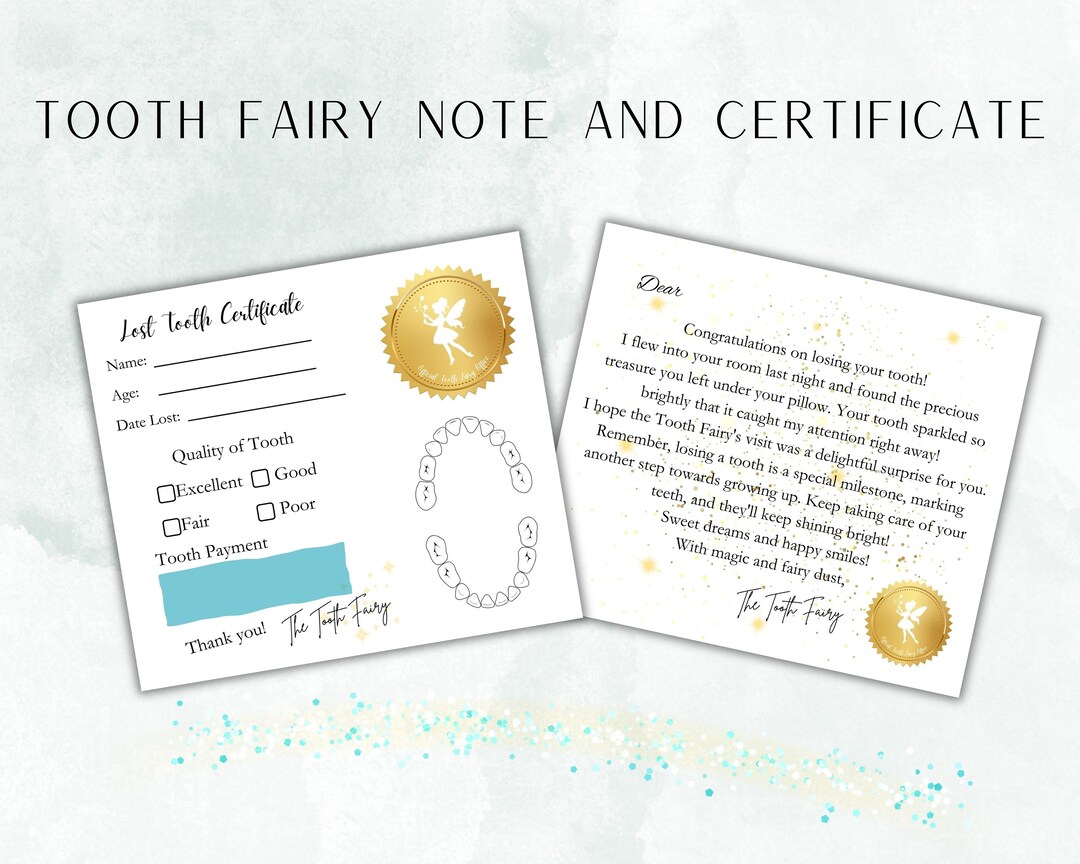 9 X 10 Cm Tooth Fairy Certificate Letter Bundle I PDF Printable AND ...