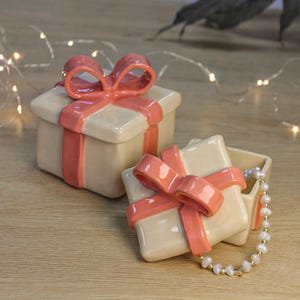 Ceramic Gift Box Jewelry Box: Peach Ribbon Accent - Etsy