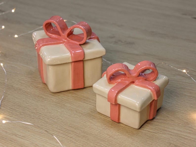 Ceramic Gift Box Jewelry Box: Peach Ribbon Accent - Etsy