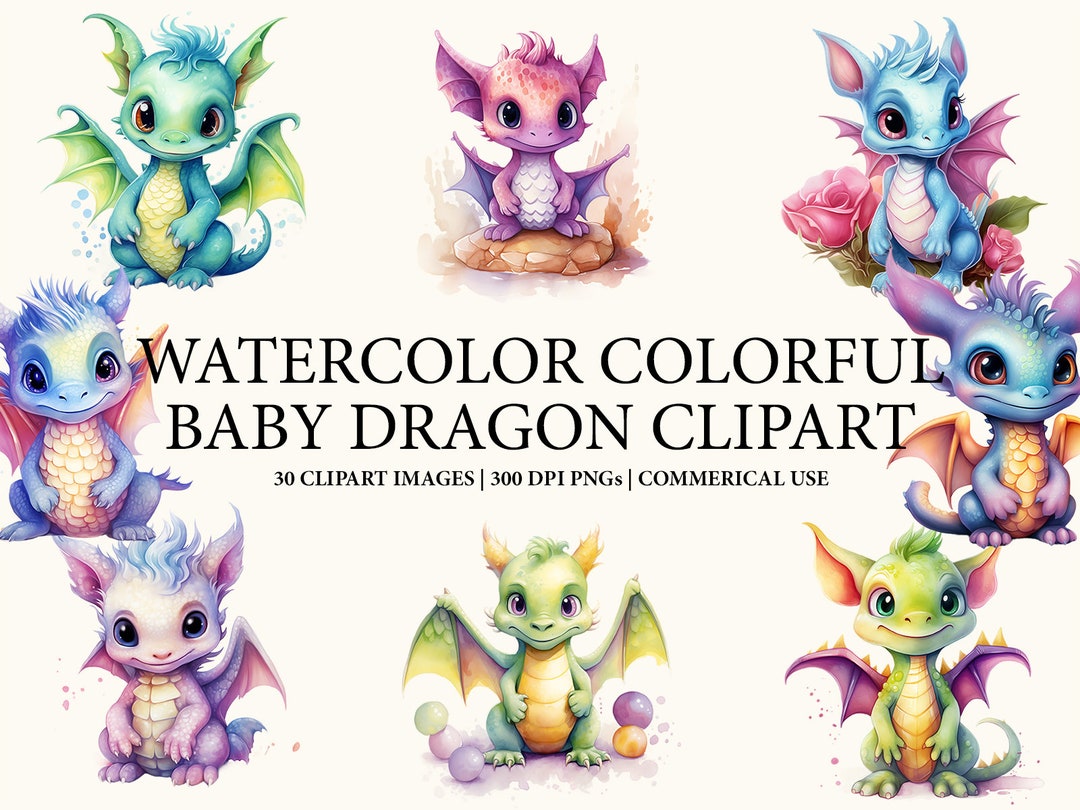 Watercolor Colorful Baby Dragon Clipart Bundle 30 Pngs Images ...