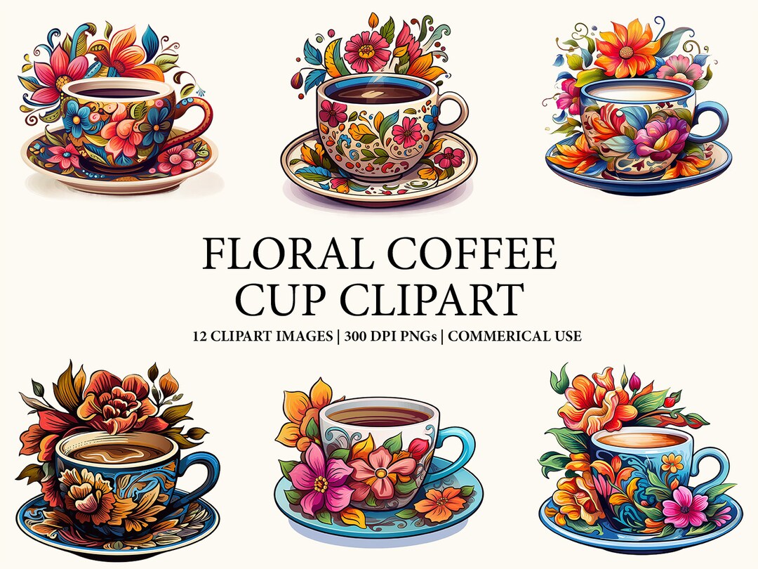 Floral Coffee Cup Clipart Bundle 12 Pngs Images, Watercolor Graphics ...