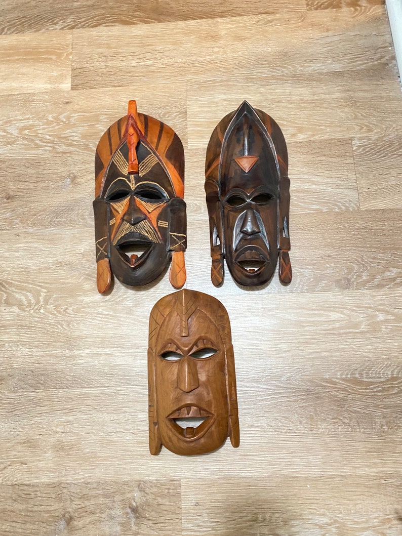 East African Carved Wood Face Mask Wall Decor Vintage Kenyan Maasai ...