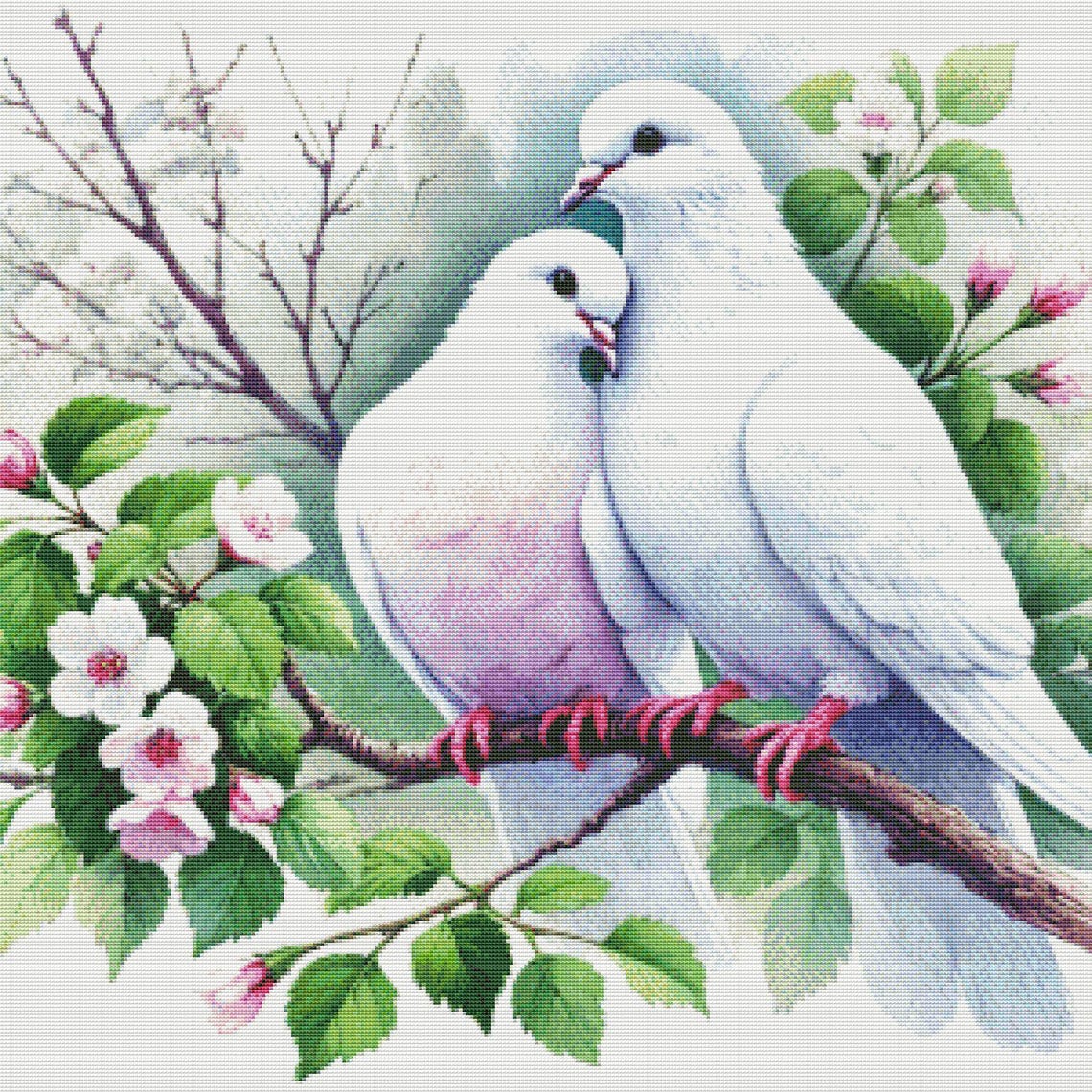 PDF Two Doves on a Branch, White Flowers, Counted Cross Stitch Pattern ...