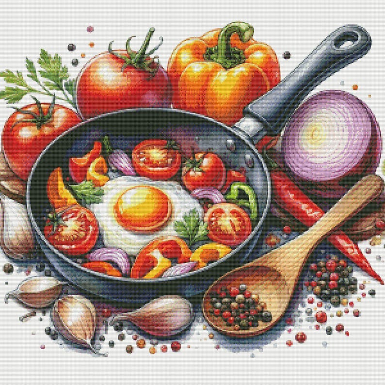 PDF Shakshuka Cross Stitch Pattern Omelette Fried Egg Breakfast Frying ...