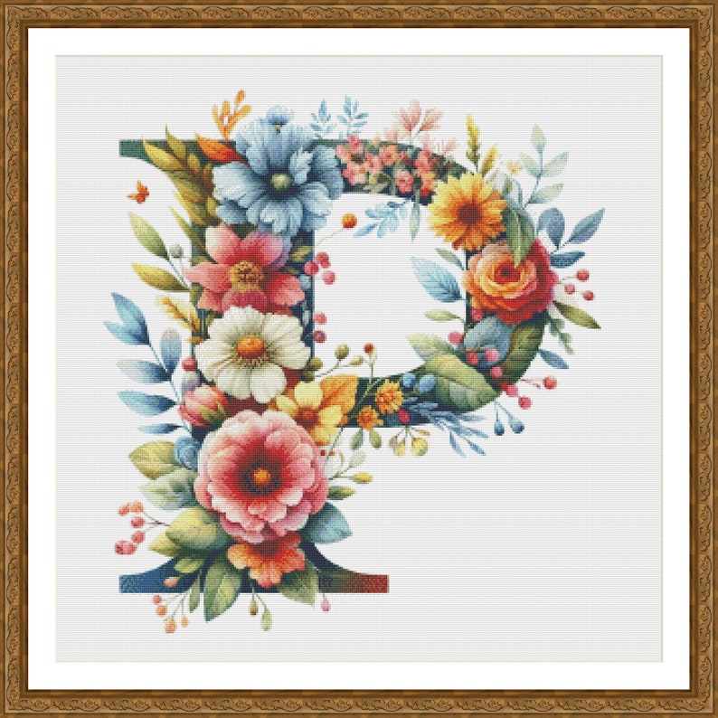 PDF Floral Alphabet Letter P Large Size Cross Stitch Pattern, Instant ...