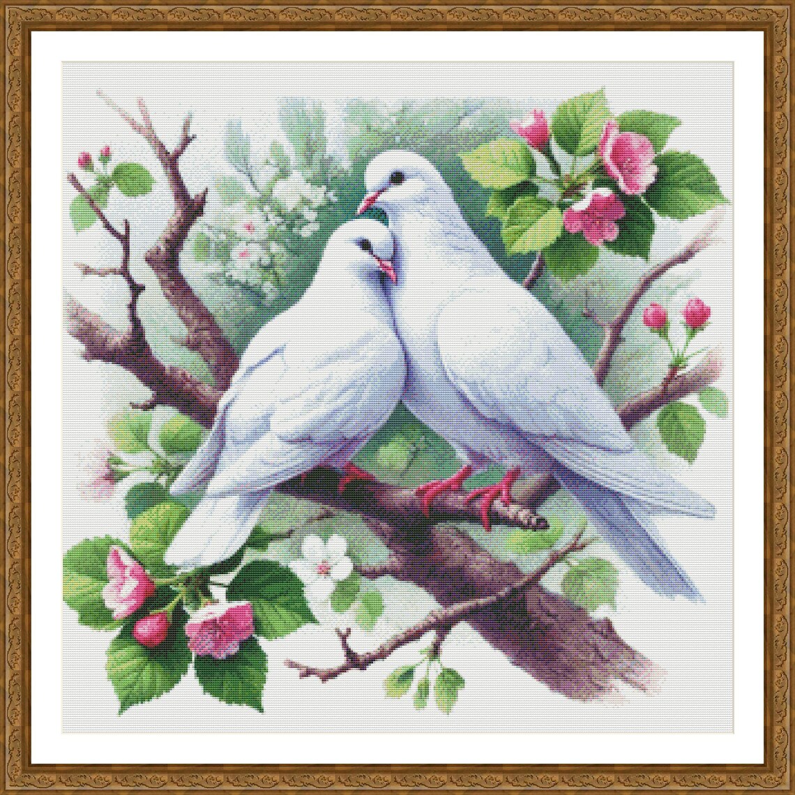 PDF Two Doves on a Branch, White Flowers, Counted Cross Stitch Pattern ...