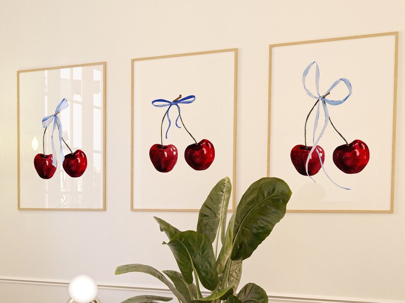 SET OF THREE Blue Cherry Wall Art Print Printable Feminine Poster ...