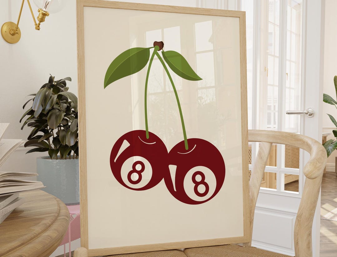 Retro Eight Ball Cherry Art Print, Red Kitchen Decor (digital Download ...