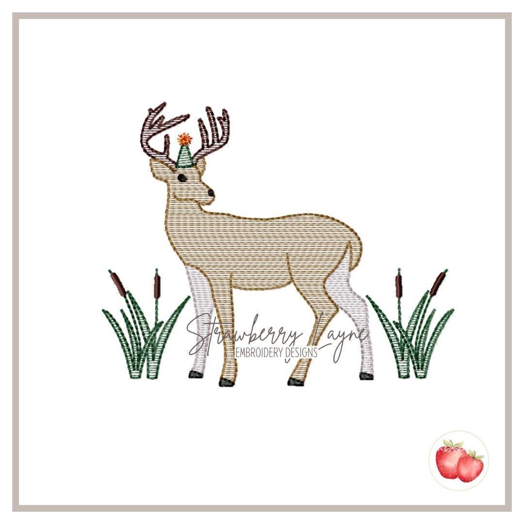 Birthday Deer Embroidery Design – Whitetail Buck With Party Hat Sketch ...