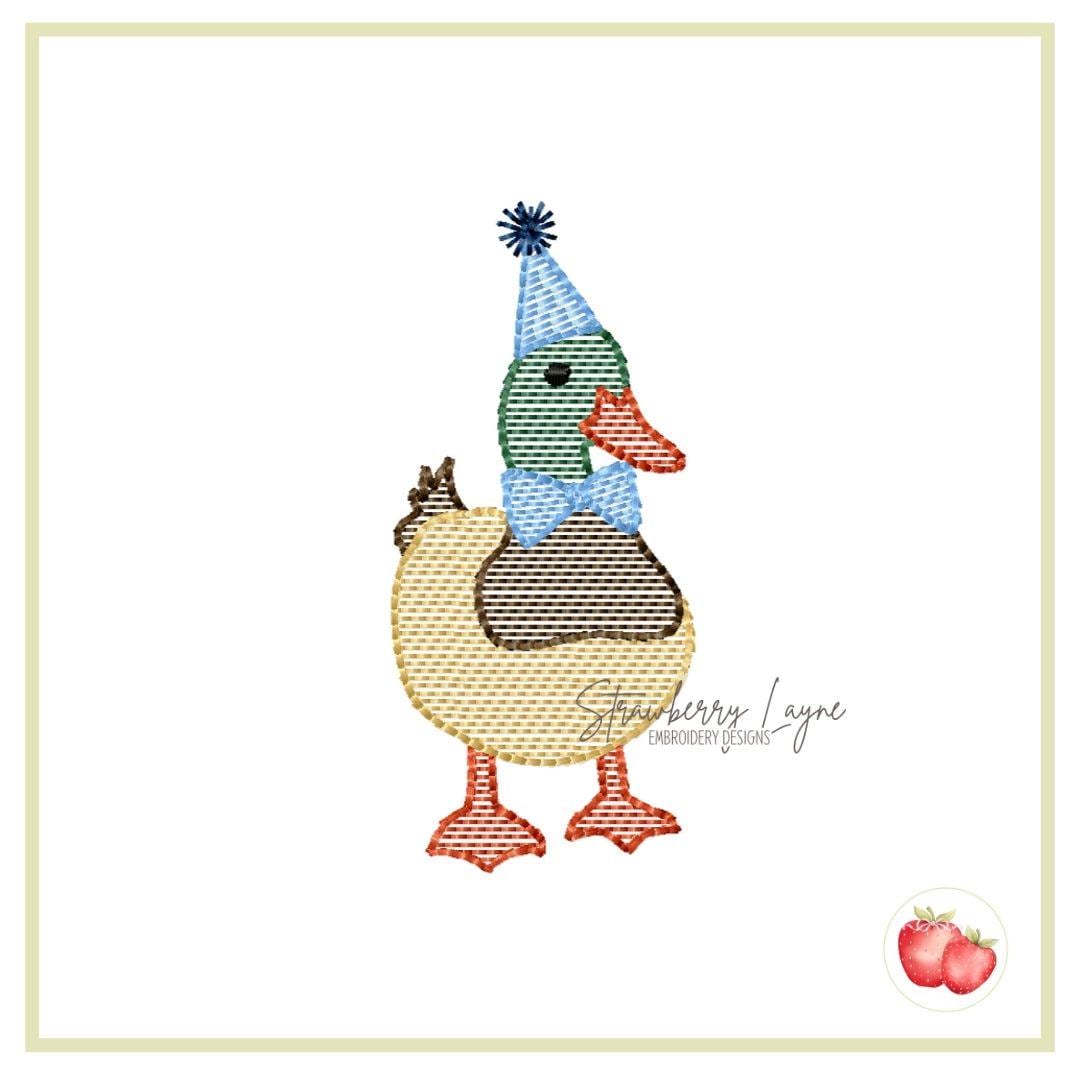 One Lucky Duck Embroidery Design, Mallard Duck With Birthday Hat Mini ...