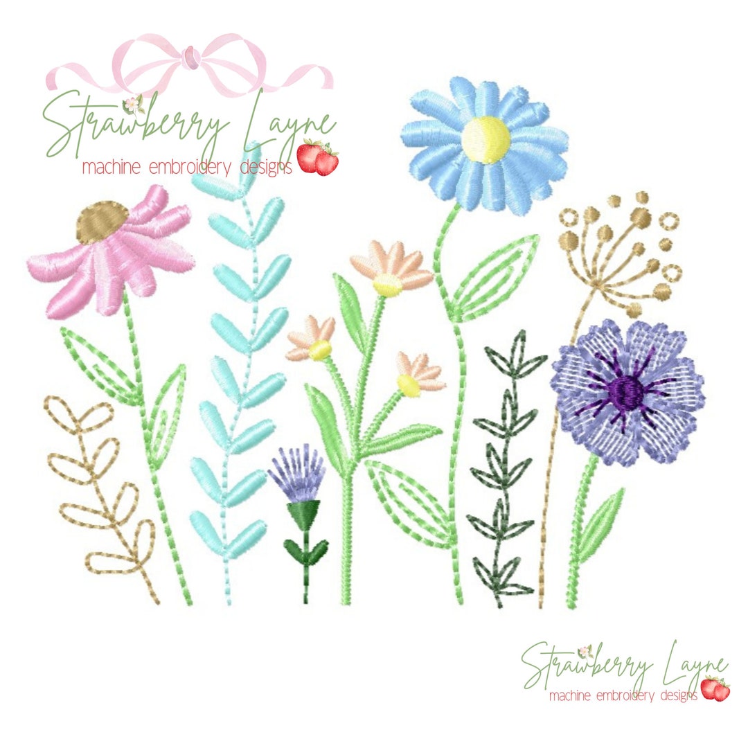 Floral Pocket Tshirt Embroidery Design, Wildflower Patch Embroidery ...