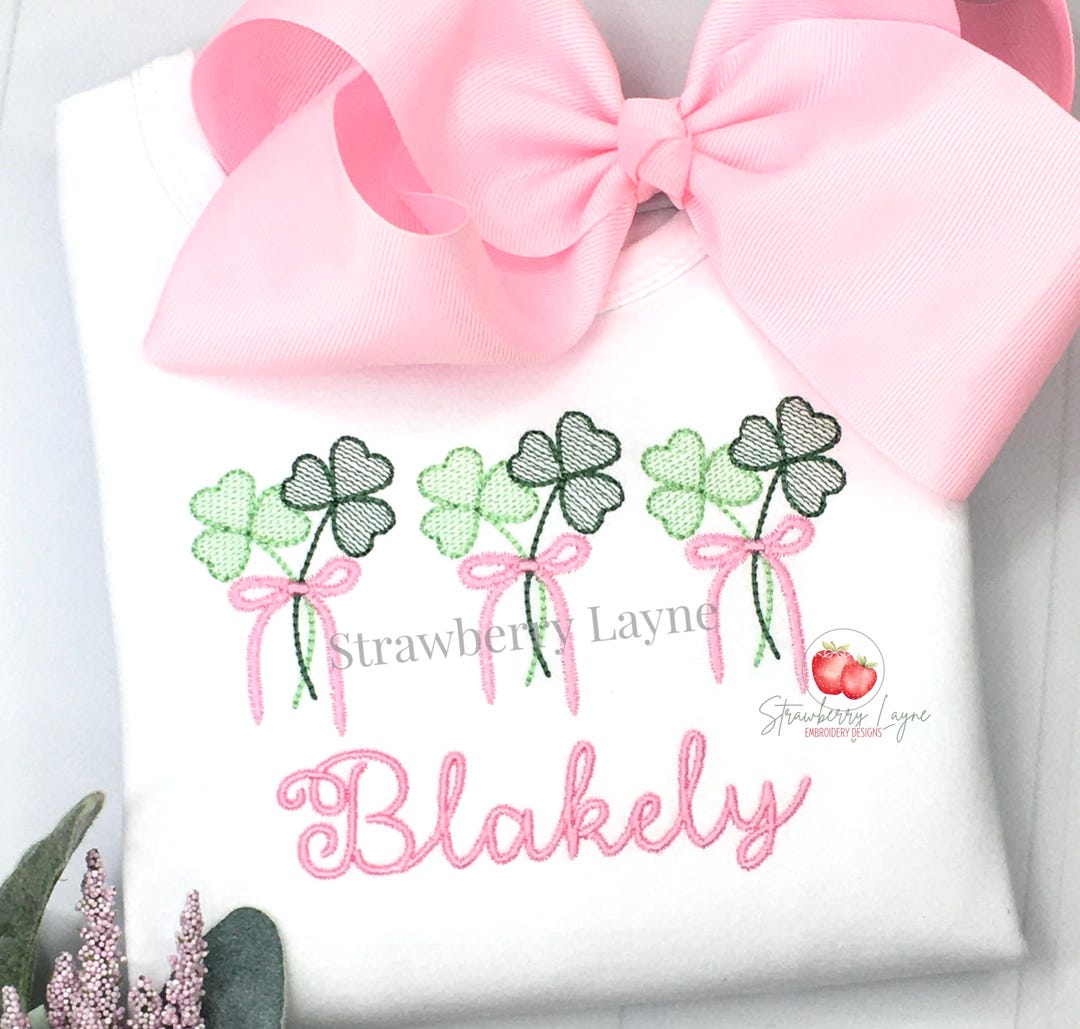 Shamrock Trio Embroidery Design – Clover With Bows Sketch – St. Patrick ...