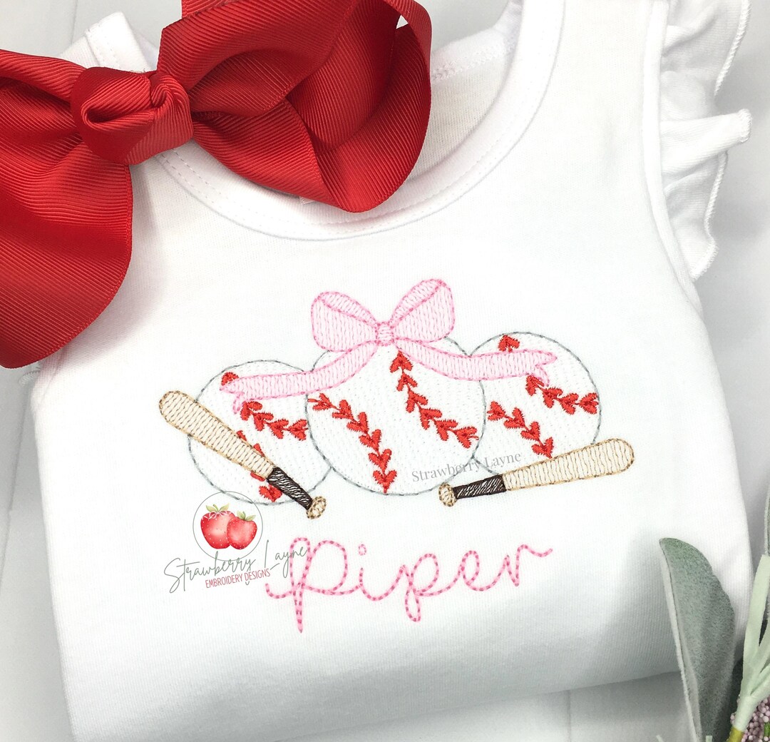 Girly Baseball Embroidery Design – Bow Baseball Sketch – Heart Stitch ...