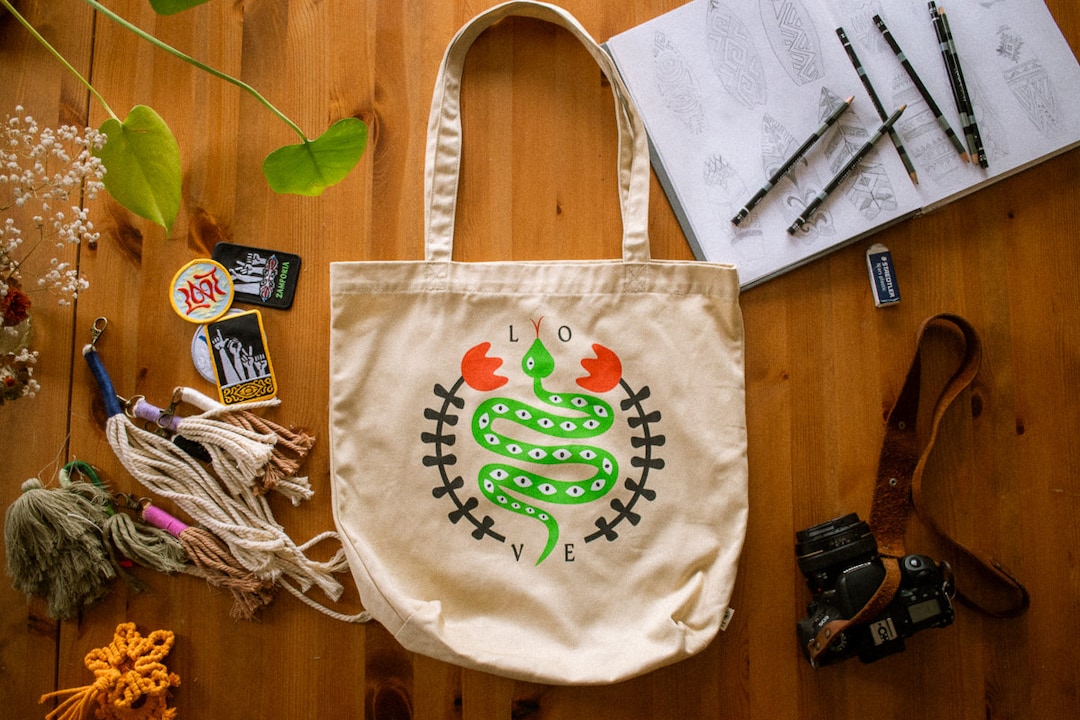 Organic Cotton Snake Tote Bag, Love Tote, Garden of Snakes Bag, Unique ...