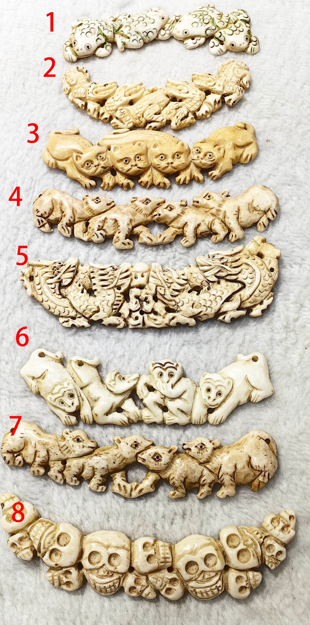 Large Carved Dragon Bone Bead Mix, Tribal Animal Skull Carvings, Carved ...