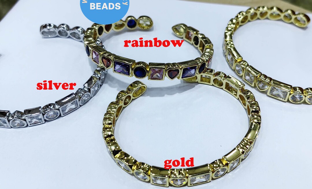 Stearling Silver, 18K Gold Micro Pave Bangle, Genuine Natural Rainbow ...