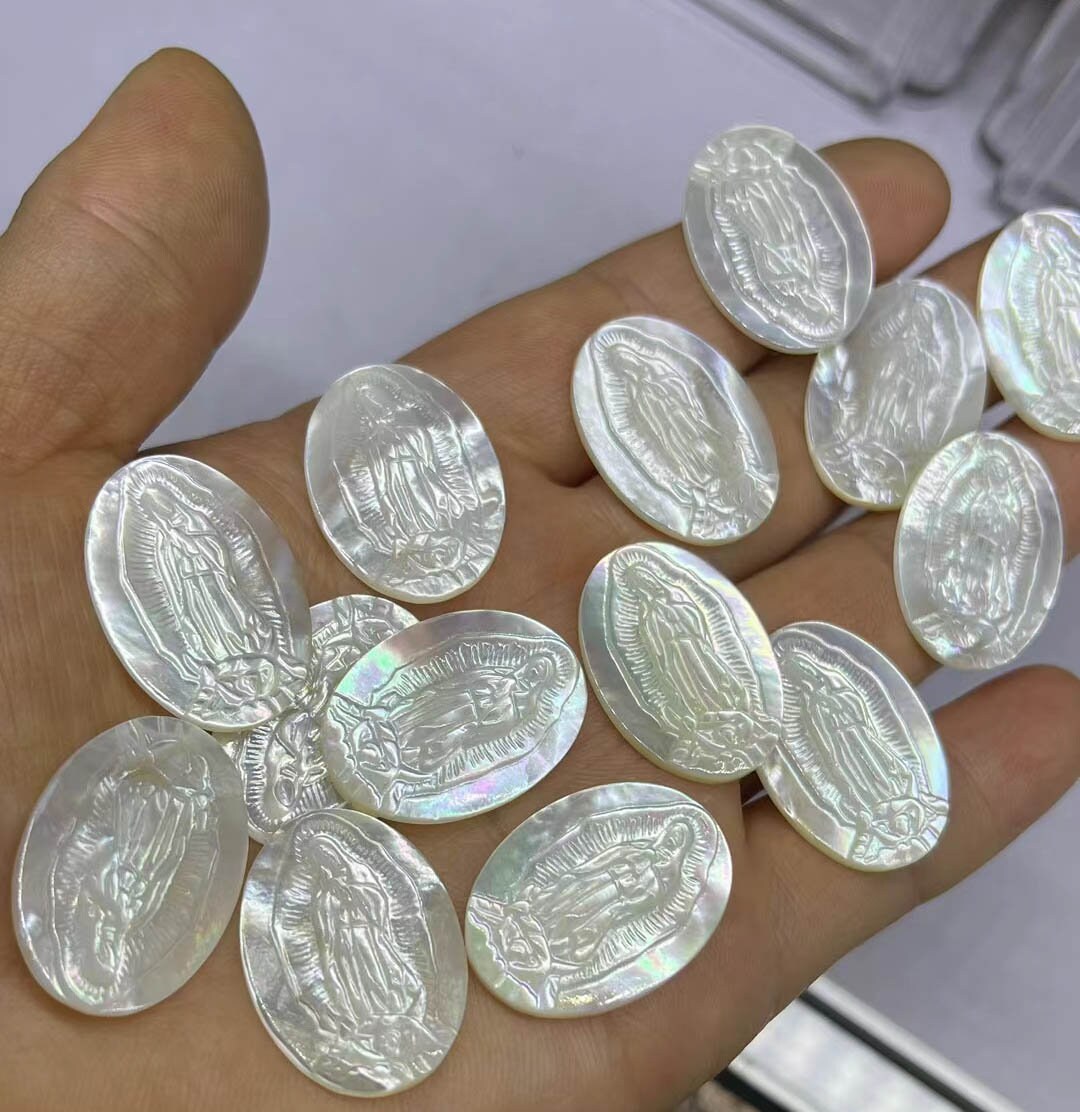 10PCS Natural Mother of Pearl Carving Jess Mary Cabochon Charms, Round ...