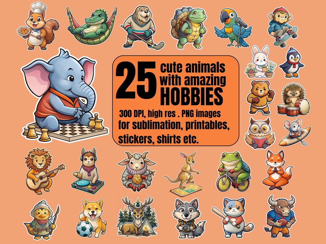 25 Cute Animals With Amazing Hobbies Stickers Bundle Sublimation ...