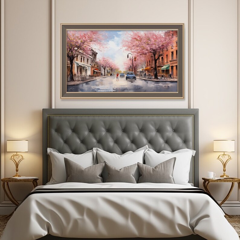 Moody Vintage Spring Town City Art Cherry Blossom Tree Spring Art Print ...