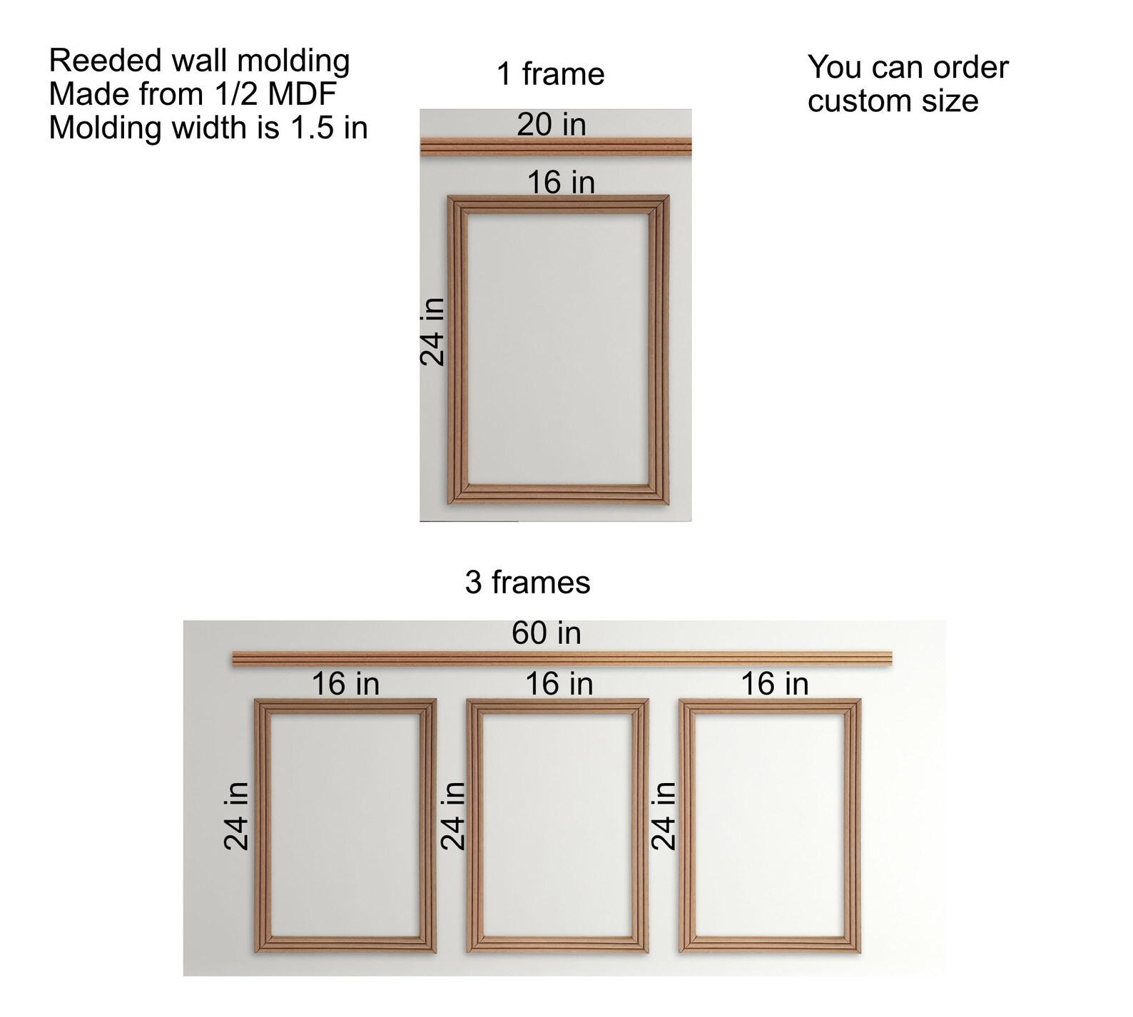 Custom Size Reeded Molding Frame Chair Rail, MDF Molding, Paintable ...