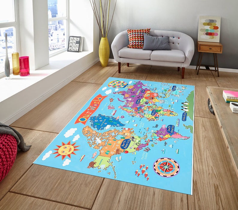 Animal World Map Rug, Earth Map Carpet, Educational Mat for Kids ...