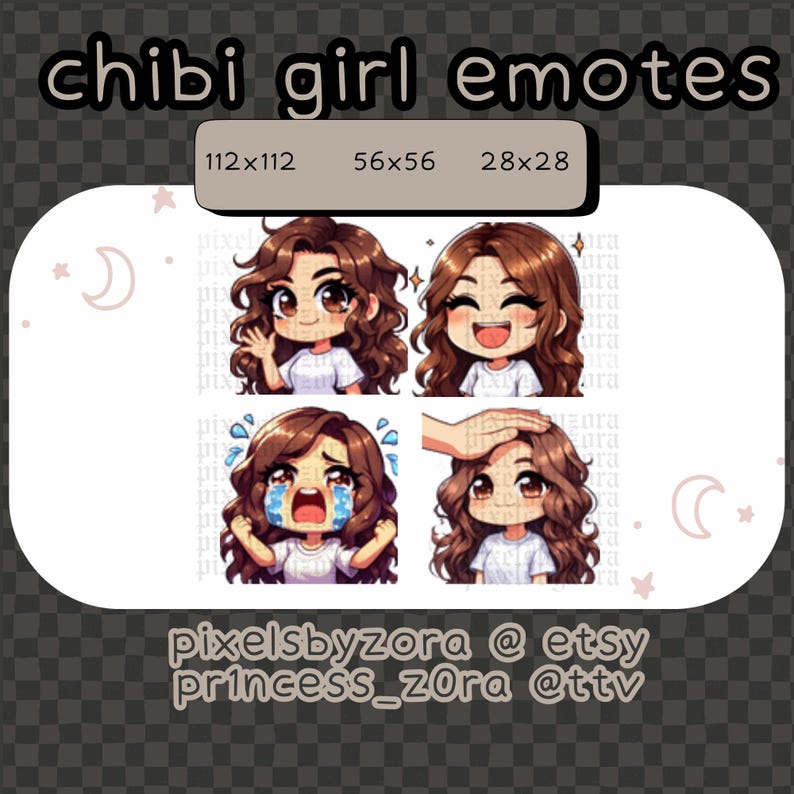 Cute Chibi Girl Twitch Discord Emote Pack Gaming Streaming Curly Brown ...