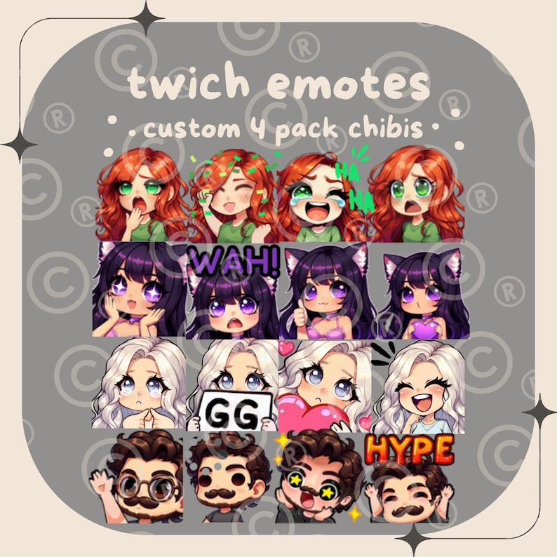 Four Customized Emote Pack, Custom Twitch Emotes, Custom Illustration ...