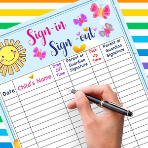 Sign in and Sign Out Form for Daycare, School, Childcare, Home Daycare ...