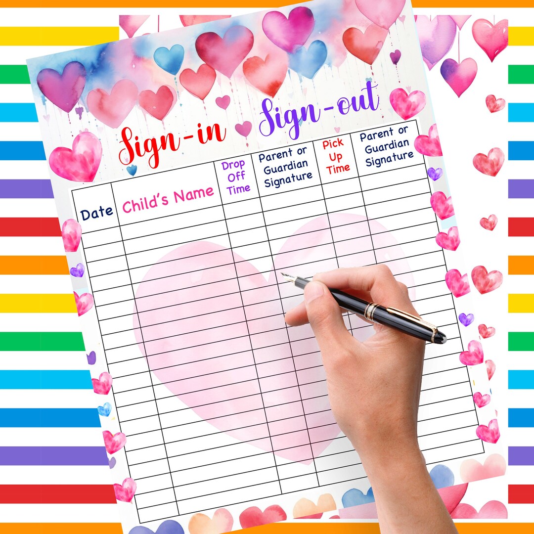 LOVE Hearts Sign in and Sign Out Form + Bonus Sheet for Daycare, School ...