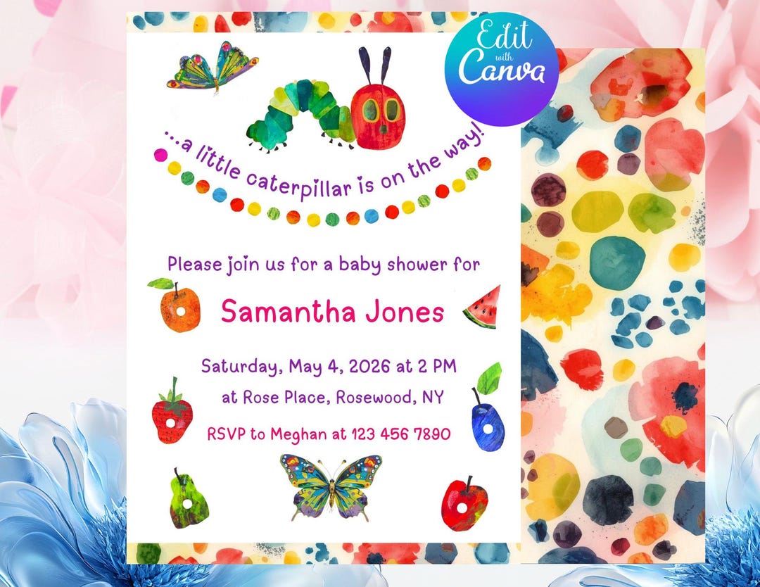 The Very Hungry Caterpillar Baby Shower Invitation Canva Editable ...
