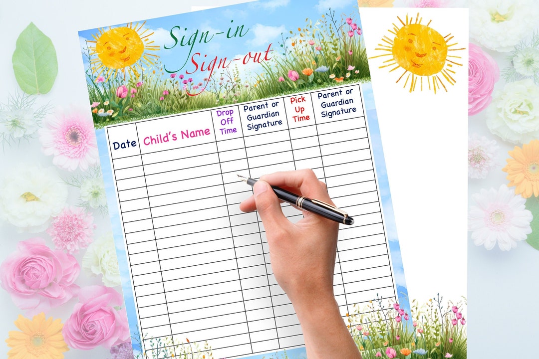 Sign in and Sign Out Spring Flowers Form for Daycare, School, Childcare ...