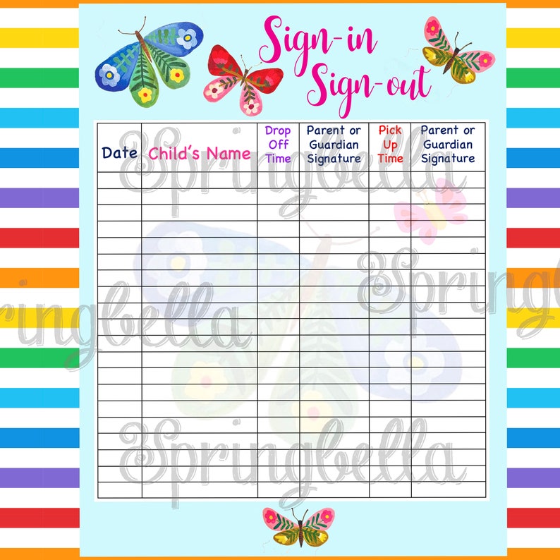 Butterfly Sign In/sign Out Sheet: Daycare, Preschool (digital Download ...