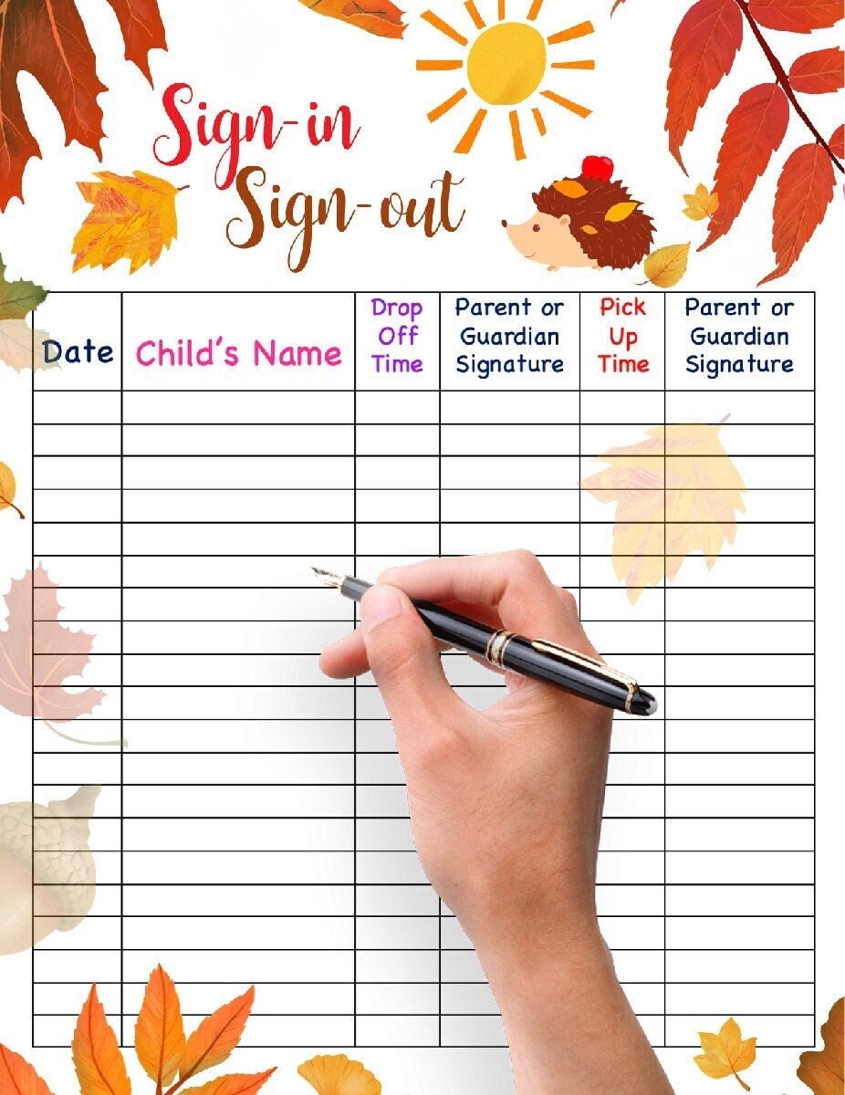 Fall Sign in and Sign Out Form for Daycare, School, Childcare, Home ...