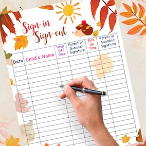 Fall Sign in and Sign Out Form for Daycare, School, Childcare, Home ...
