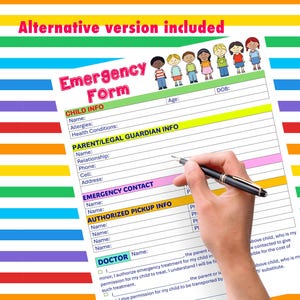 Emergency Contact Form Daycare, School, Childcare, Digital Download ...