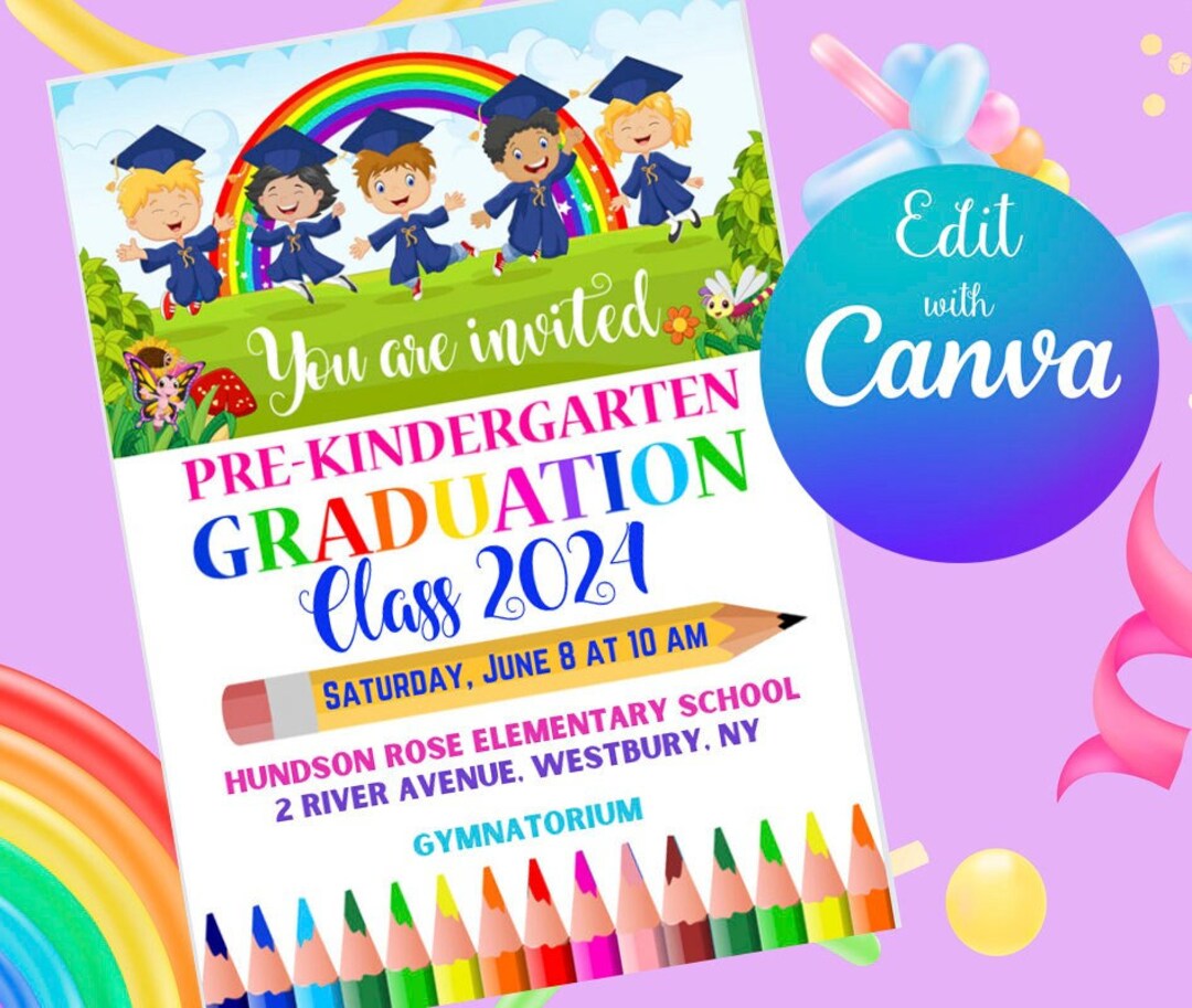Plantilla de invitación de graduación de preescolar editable en Canva ...